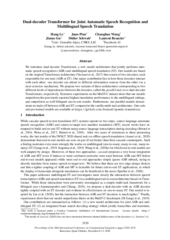 Pdf Dual Decoder Transformer For Joint Automatic Speech Recognition