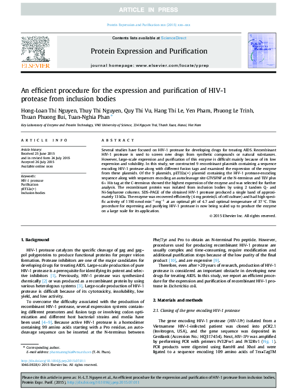 (PDF) An efficient procedure for the expression and purification of HIV-1 protease from ...