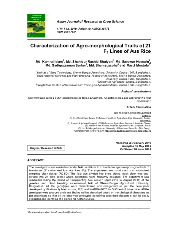 (PDF) Evaluation of agro-morphological traits among the advance lines of rice