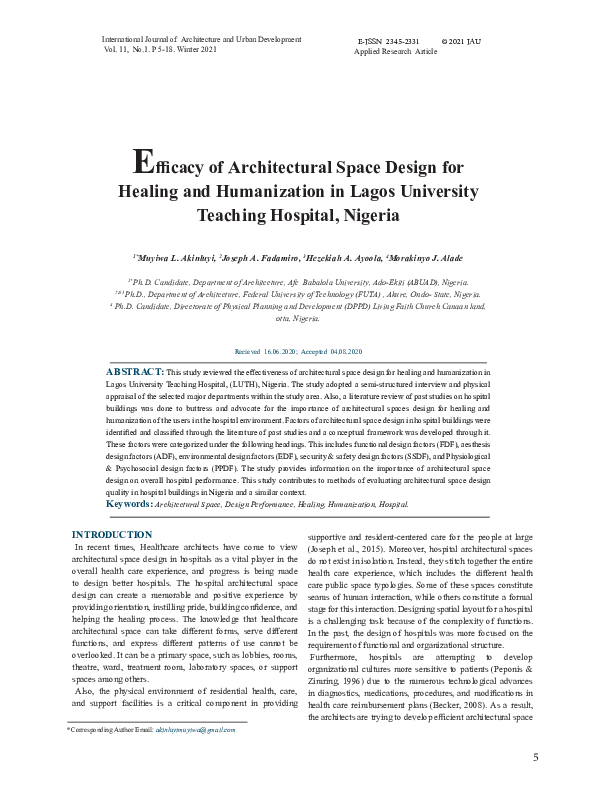 (PDF) Efficacy of Architectural Space Design for Healing and Humanization in Lagos University ...