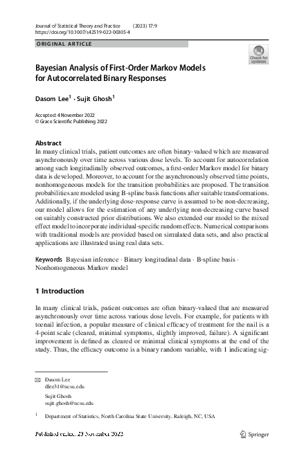 (PDF) Bayesian Analysis of First-Order Markov Models for Autocorrelated Binary Responses