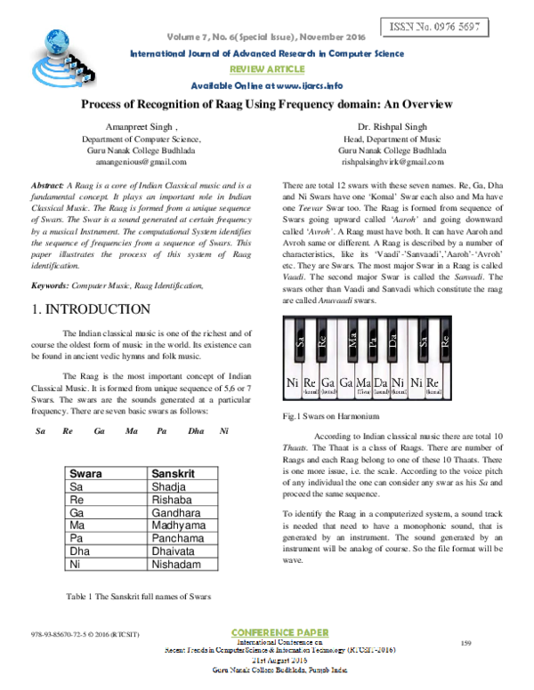 (PDF) Process of Recognition of Raag Using Frequency domain: An Overview