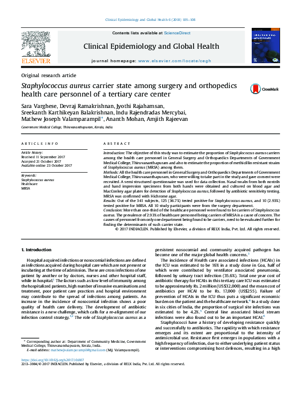 (PDF) Staphylococcus aureus carrier state among surgery and orthopedics health care personnel of ...