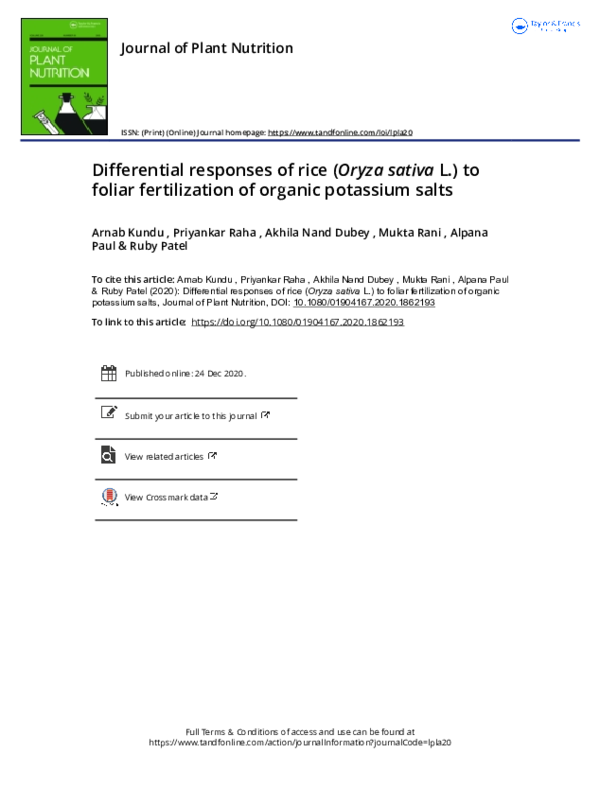 (PDF) Differential responses of rice (Oryza sativa L.) to foliar fertilization of organic ...