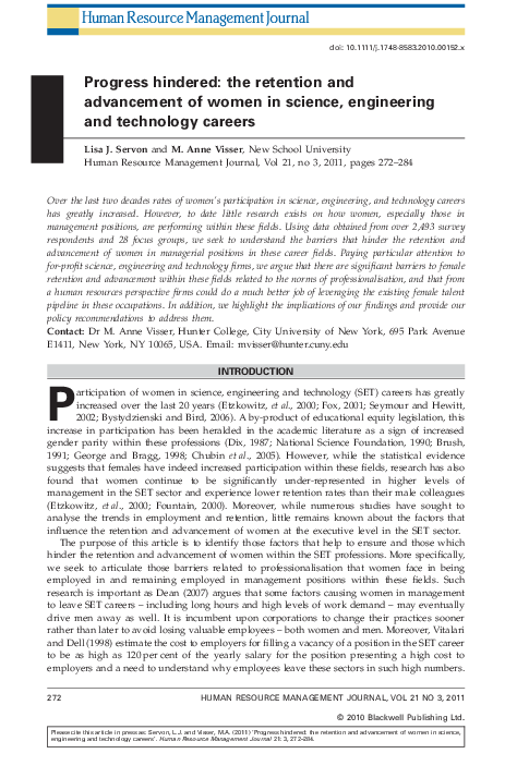 (PDF) Progress hindered: the retention and advancement of women in ...