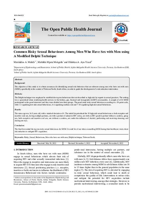 (PDF) Common Risky Sexual Behaviours Among Men Who Have Sex with Men ...