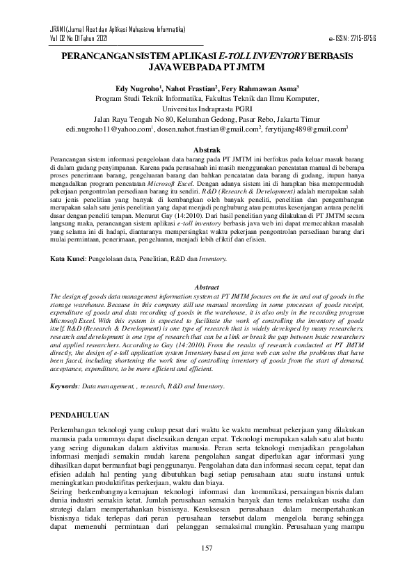 (PDF) Perancangan Sistem Aplikasi E-Toll Inventory Berbasis Java Web pada PT JMTM | Edy Nugroho ...