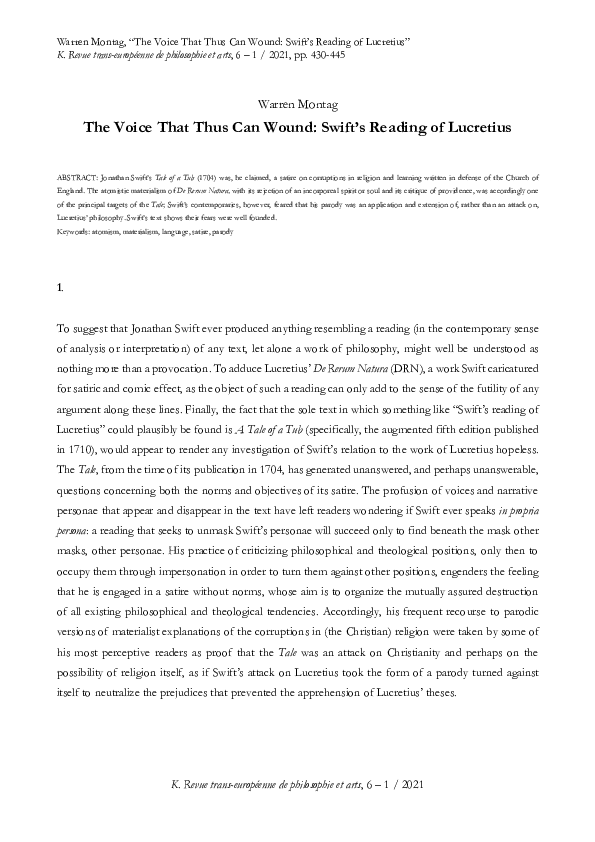 (PDF) The Voice That Thus Can Wound: Swift's Reading of Lucretius