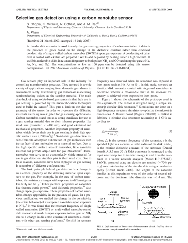 Pdf Selective Gas Detection Using A Carbon Nanotube Sensor