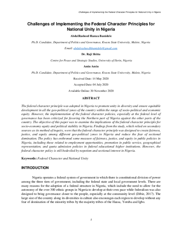 (PDF) Challenges of Implementing the Federal Character Principles for ...