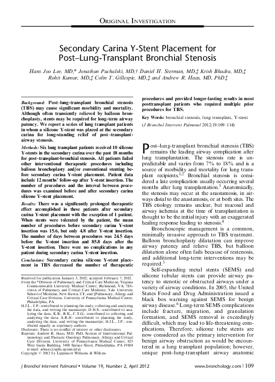 (PDF) Secondary carina Y-stent placement for post-lung-transplant ...