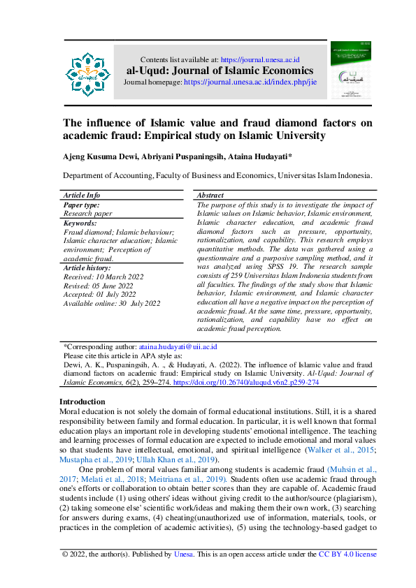 (PDF) The influence of Islamic value and fraud diamond factors on ...