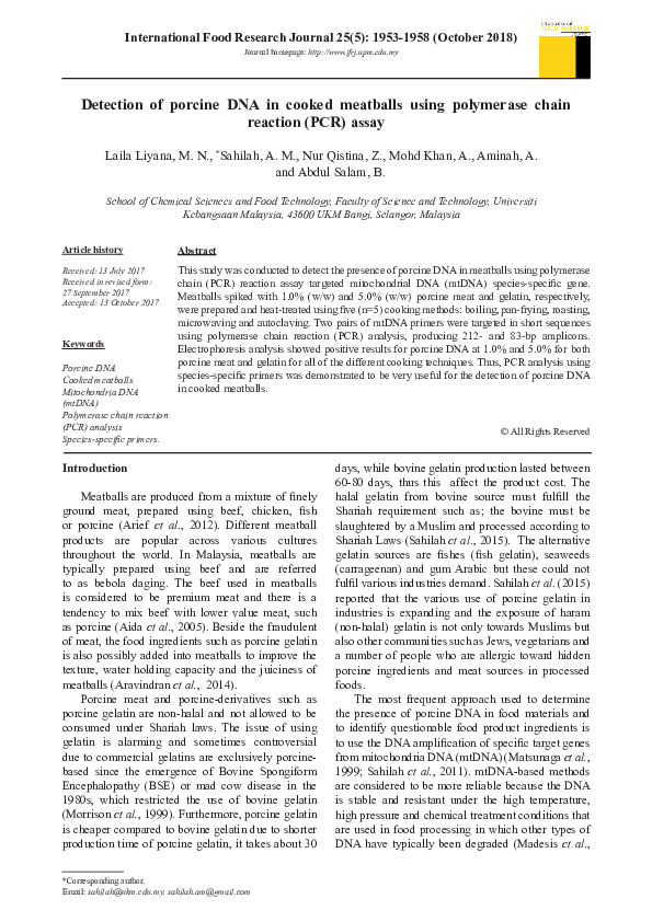 (PDF) Detection of porcine DNA in cooked meatballs using polymerase ...