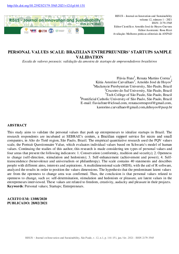 (PDF) Personal Values Scale: Brazilian Entrepreuners’ Startups Sample ...