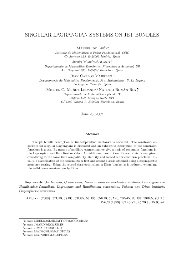 (PDF) Singular Lagrangian Systems on Jet Bundles | Mar Solano ...