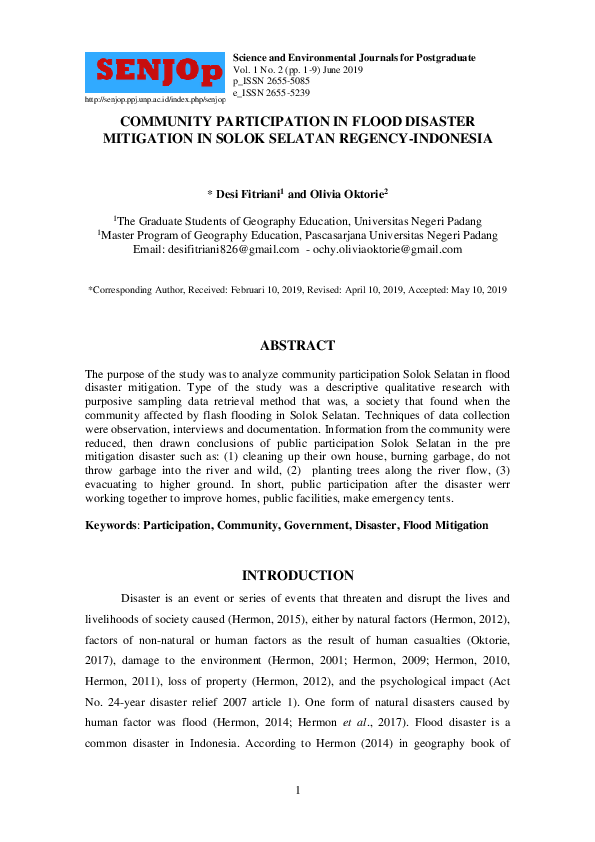 Pdf Community Participation In Flood Disaster Mitigation In Solok