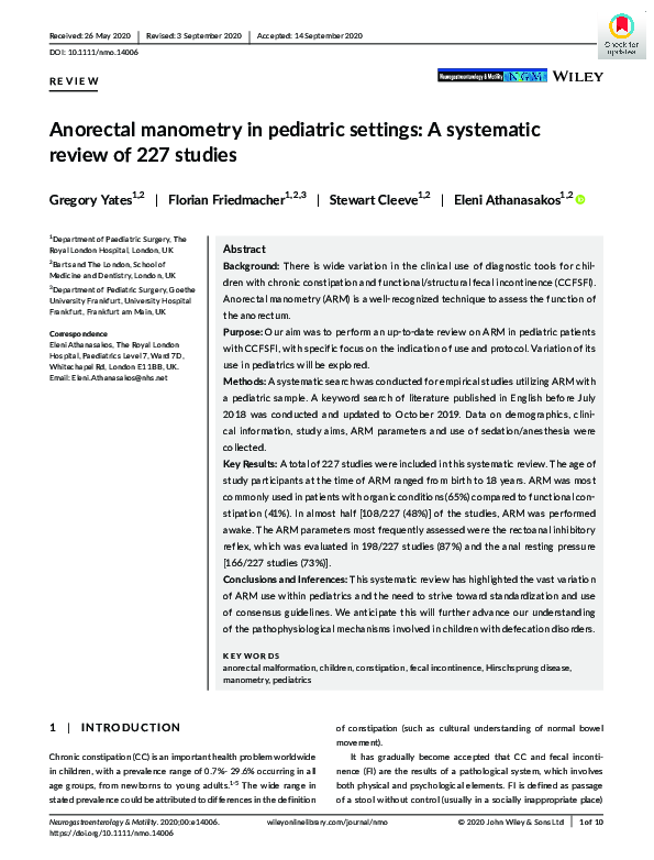 (PDF) Anorectal manometry in pediatric settings: A systematic review of ...