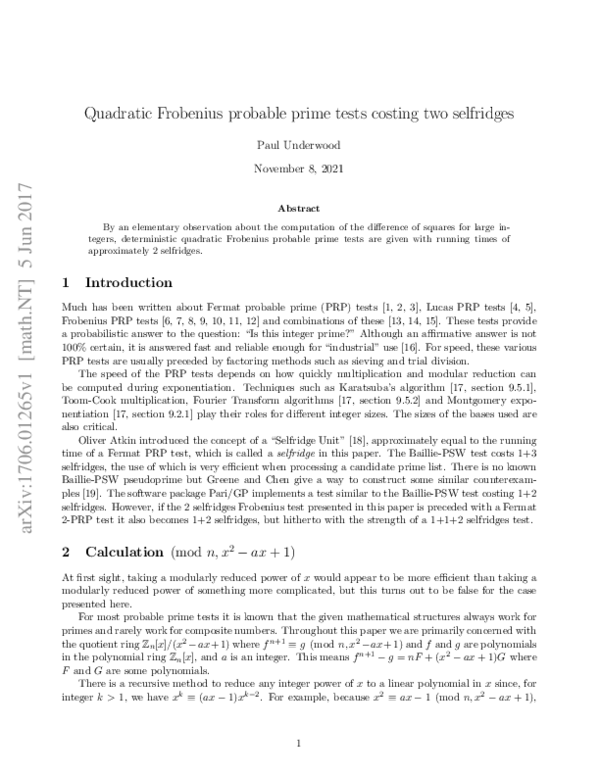 (PDF) Quadratic Frobenius probable prime tests costing two selfridges