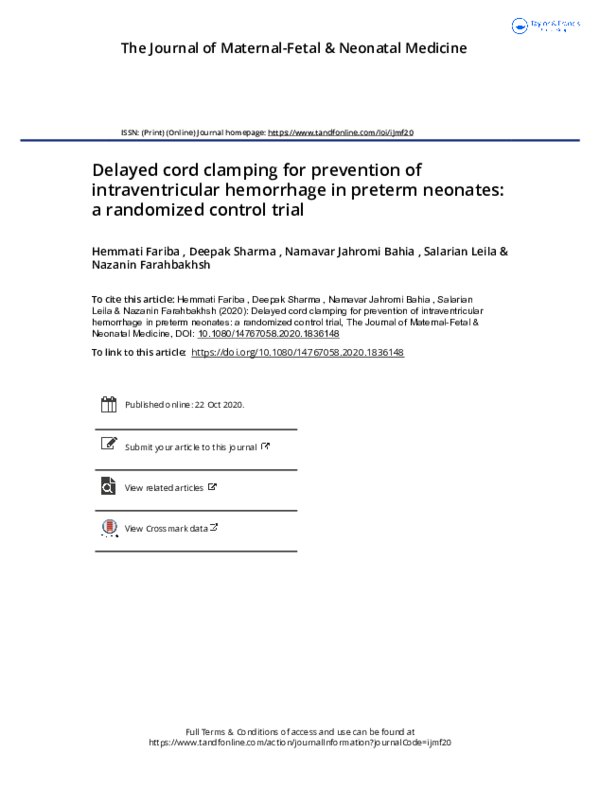 (PDF) Delayed cord clamping for prevention of intraventricular ...