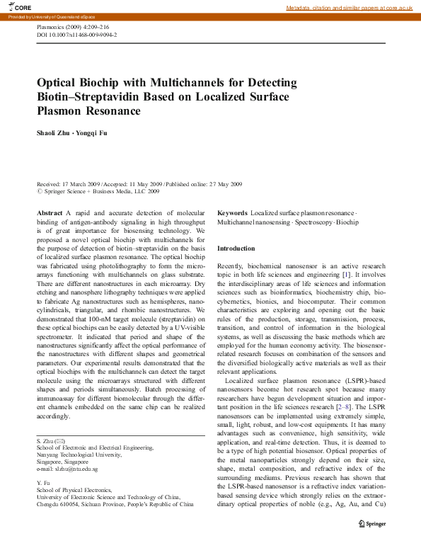 (PDF) Optical Biochip with Multichannels for Detecting Biotin–Streptavidin Based on Localized ...