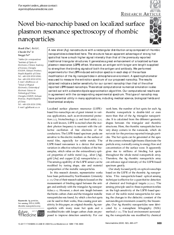 (PDF) Novel bio-nanochip based on localized surface plasmon resonance spectroscopy of rhombic ...