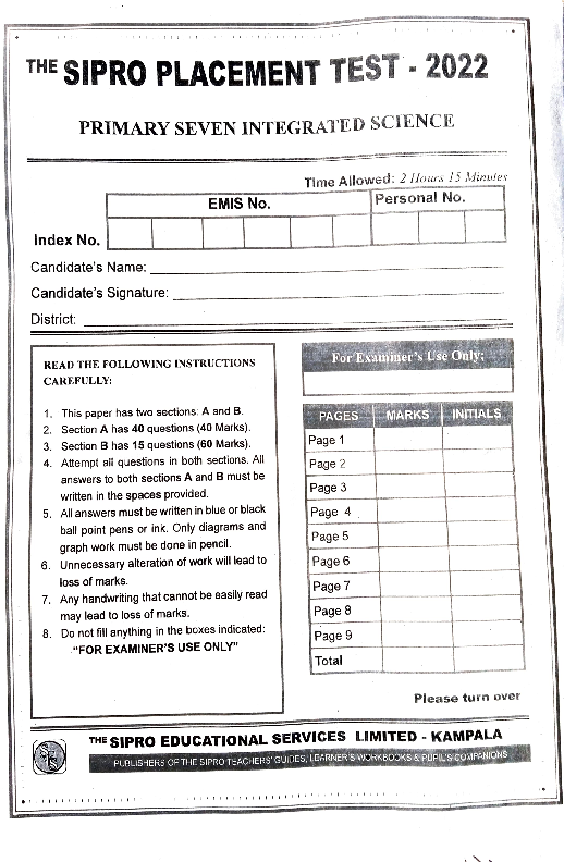 (PDF) THE SIPRO PLACEMENT TEST 2022 PRIMARY SEVEN INTEGRATED SCIENCE ...
