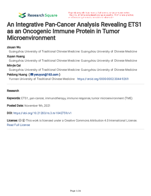 (PDF) An Integrative Pan-Cancer Analysis Revealing ETS1 as an Oncogenic ...