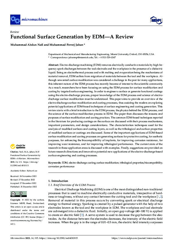 (PDF) Functional Surface Generation by EDM—A Review