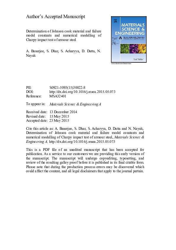 (PDF) Determination of Johnson cook material and failure model ...