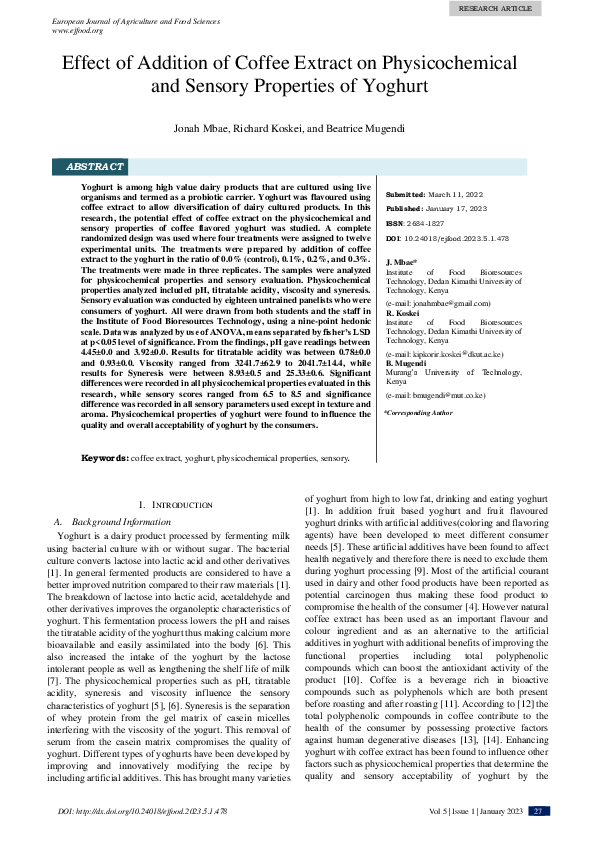 (PDF) Effect of Addition of Coffee Extract on Physicochemical and Sensory Properties of Yoghurt