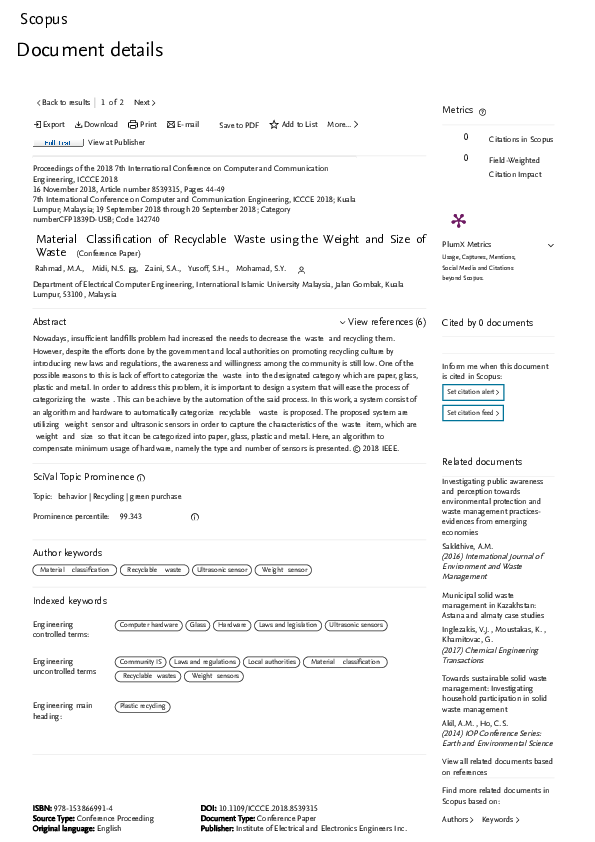 (PDF) Material Classification of Recyclable Waste using the Weight and ...