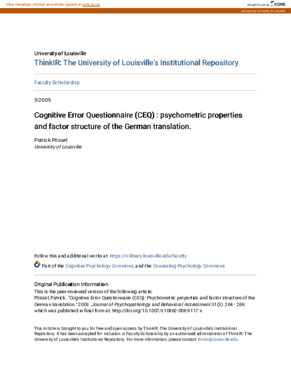(PDF) Cognitive Error Questionnaire (CEQ): Psychometric Properties and ...