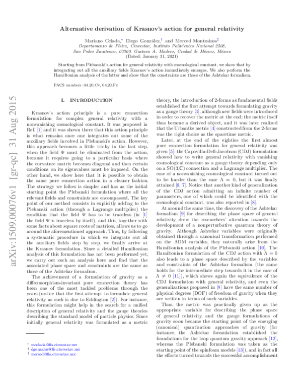 (PDF) Alternative derivation of Krasnov’s action for general relativity