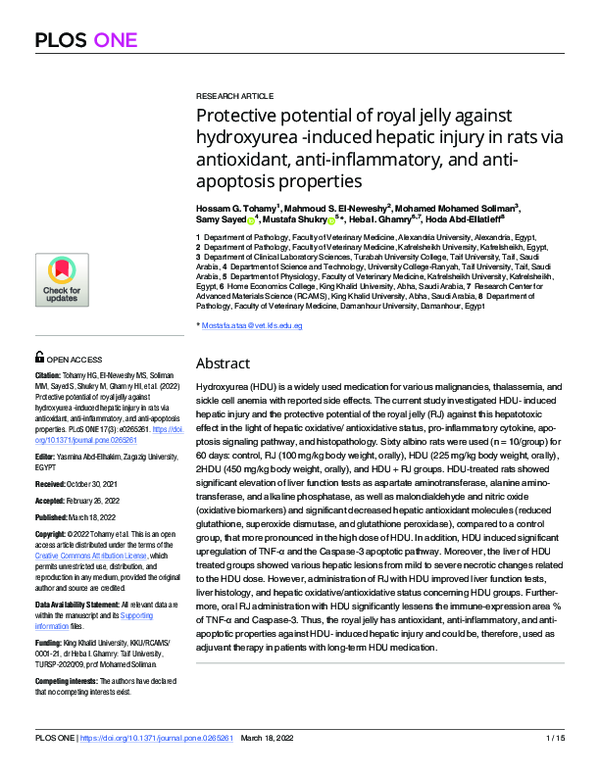 (PDF) Protective potential of royal jelly against hydroxyurea -induced hepatic injury in rats ...