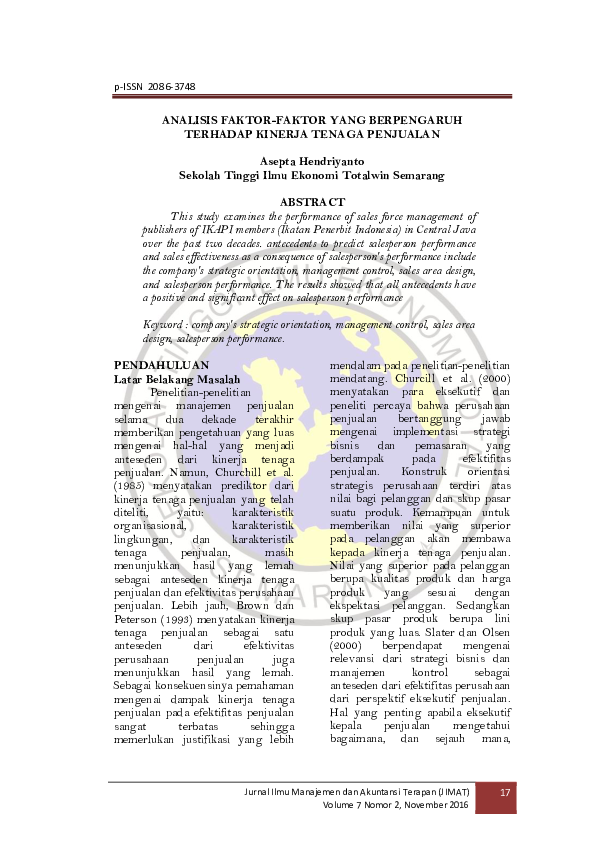(PDF) Analisis Faktor-Faktor Yang Berpengaruh Terhadap Kinerja Tenaga Penjualan