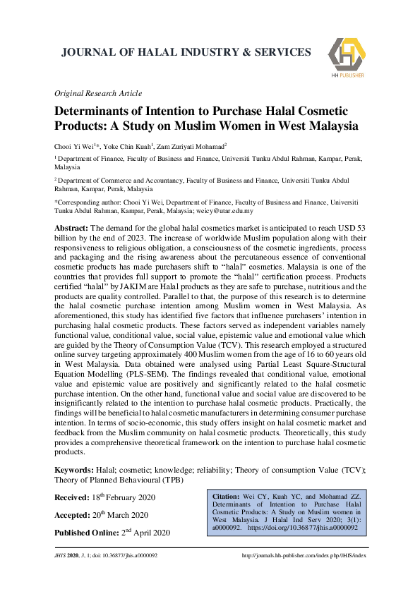 (PDF) Determinants of Intention to Purchase Halal Cosmetic Products: A Study on Muslim Women in ...