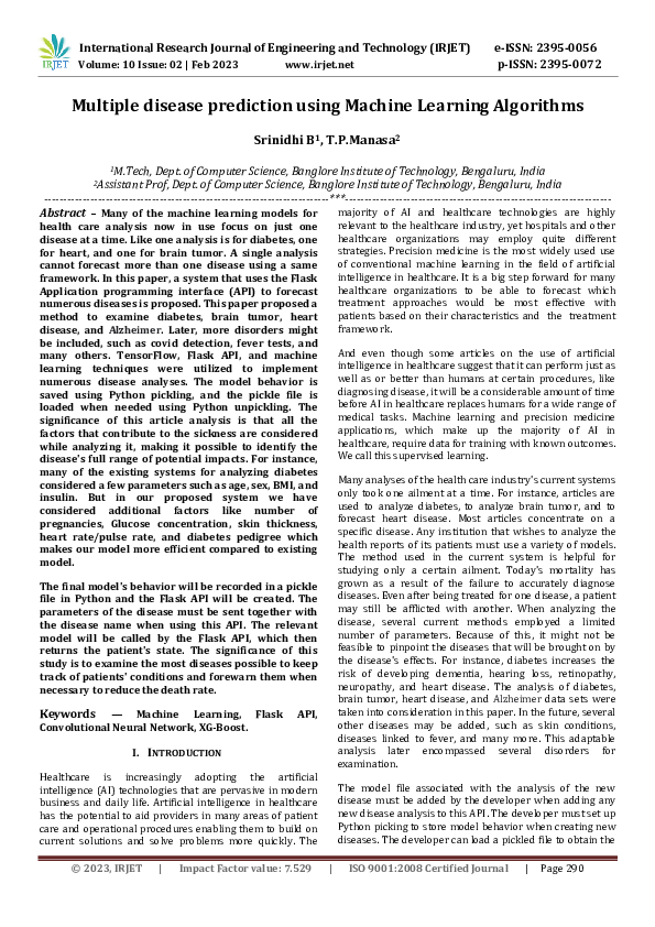 Pdf Multiple Disease Prediction Using Machine Learning Algorithms Irjet Journal