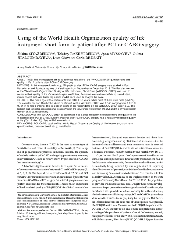 (PDF) Using of the World Health Organization quality of life instrument ...