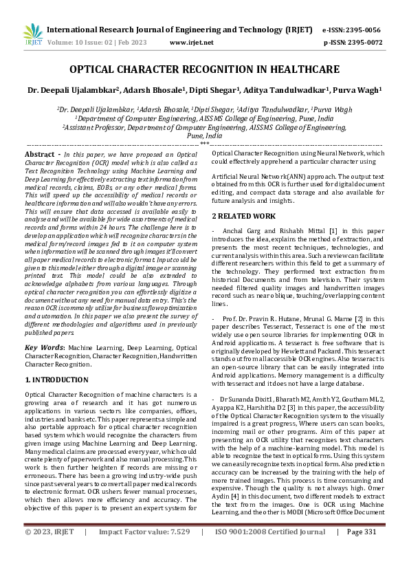 (PDF) OPTICAL CHARACTER RECOGNITION IN HEALTHCARE