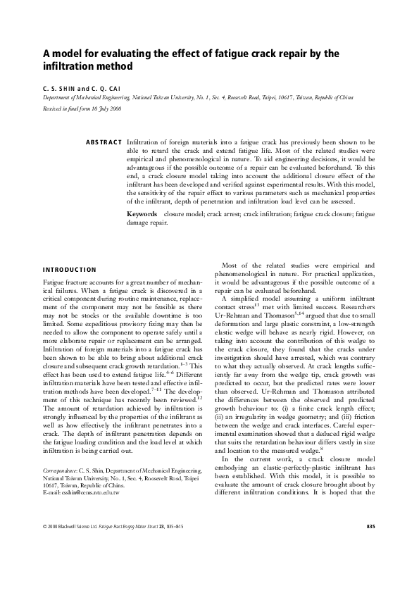 (PDF) A model for evaluating the effect of fatigue crack repair by the ...