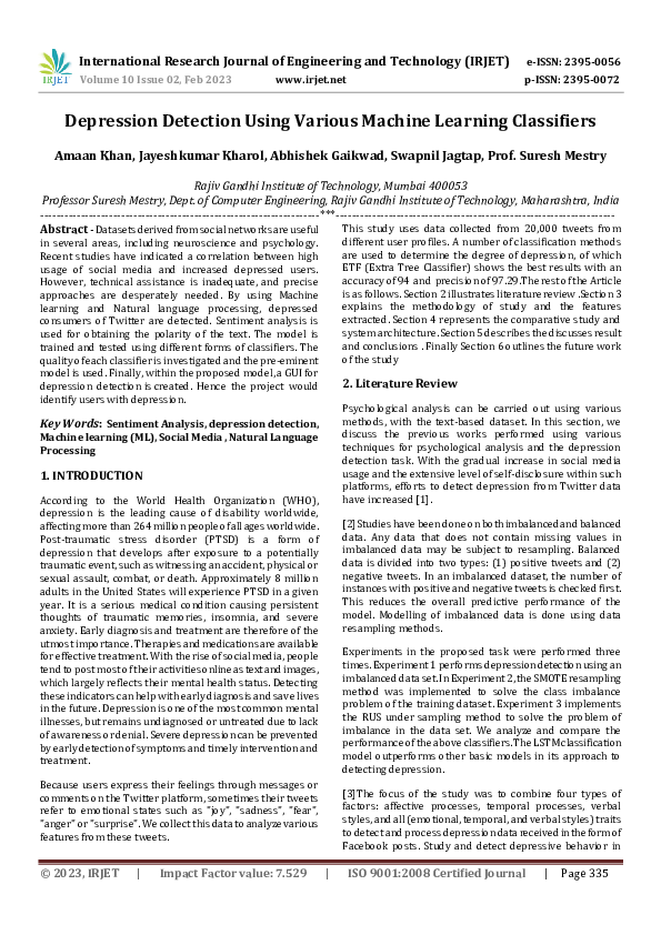 (PDF) Depression Detection Using Various Machine Learning Classifiers