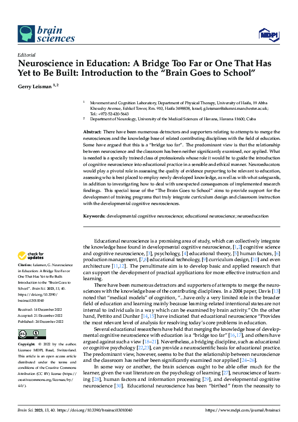 (PDF) Neuroscience in Education: A Bridge Too Far or One That Has Yet ...