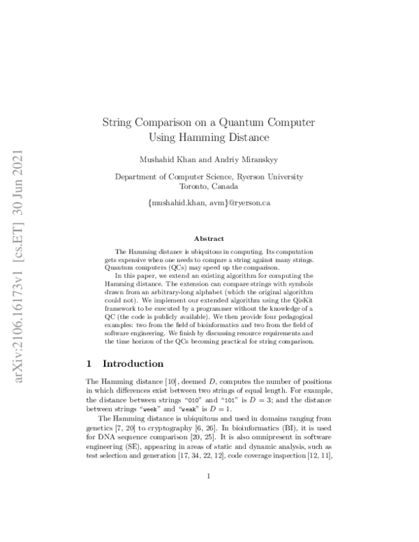 (PDF) String Comparison on a Quantum Computer Using Hamming Distance