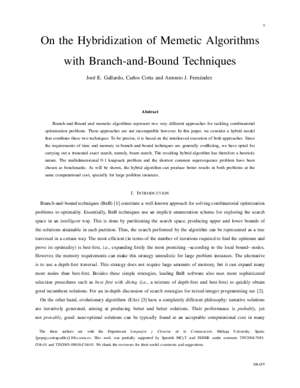 Pdf On The Hybridization Of Memetic Algorithms With Branch And Bound Techniques Carlos Cota