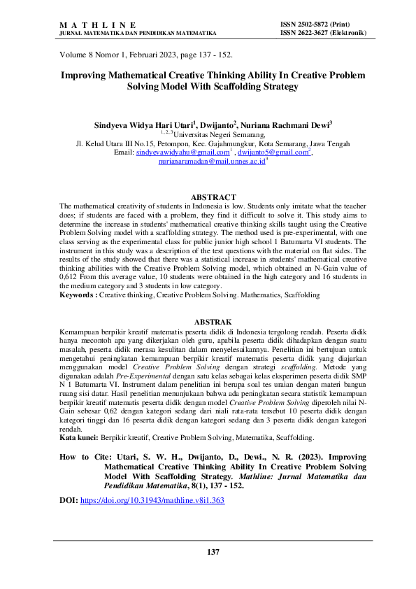 (PDF) Improving Mathematical Creative Thinking Ability In Creative Problem Solving Model With ...