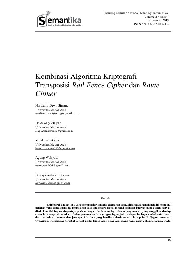 (PDF) Kombinasi Algoritma Kriptografi Transposisi Rail Fence Cipher dan Route Cipher