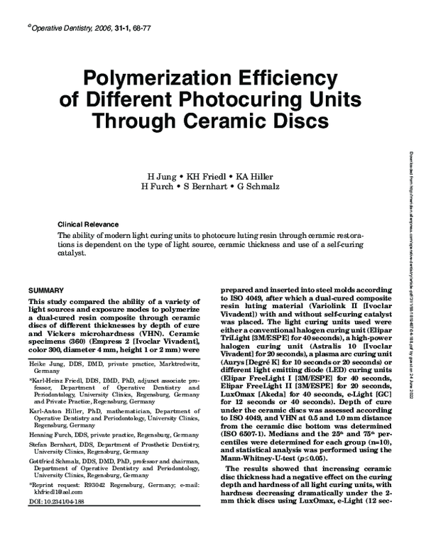 (PDF) Polymerization Efficiency of Different Photocuring Units Through Ceramic Discs | Karl ...