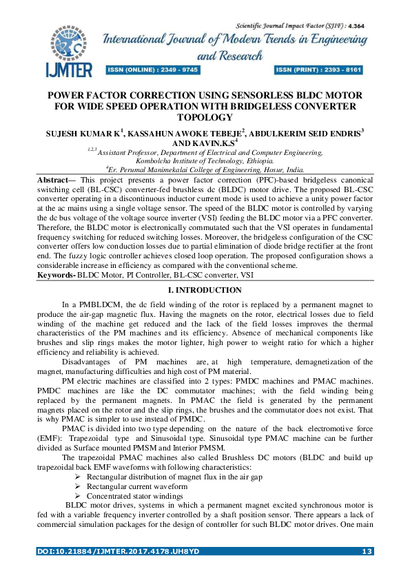 Pdf Power Factor Correction Using Sensorless Bldc Motor For Wide Speed Operation With