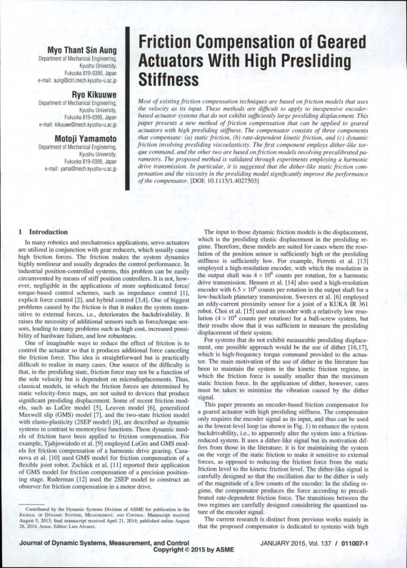 Pdf Friction Compensation Of Geared Actuators With High Presliding Stiffness