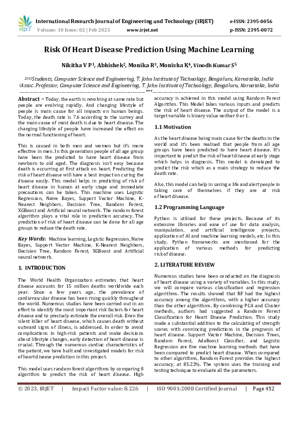 Pdf Risk Of Heart Disease Prediction Using Machine Learning
